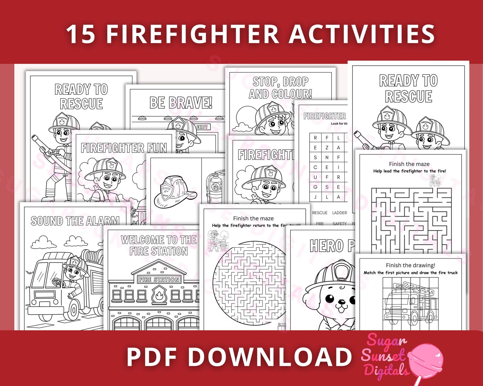 Firefighter Kids Activities: Printable Colouring Pages, Mazes (PDF ...