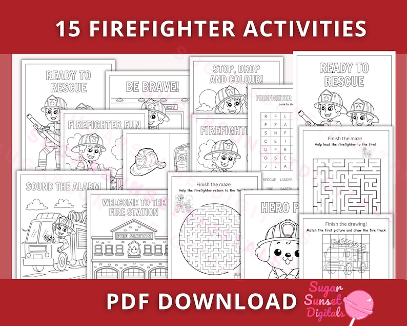 Firefighter Kids Activities: Printable Colouring Pages, Mazes (PDF ...