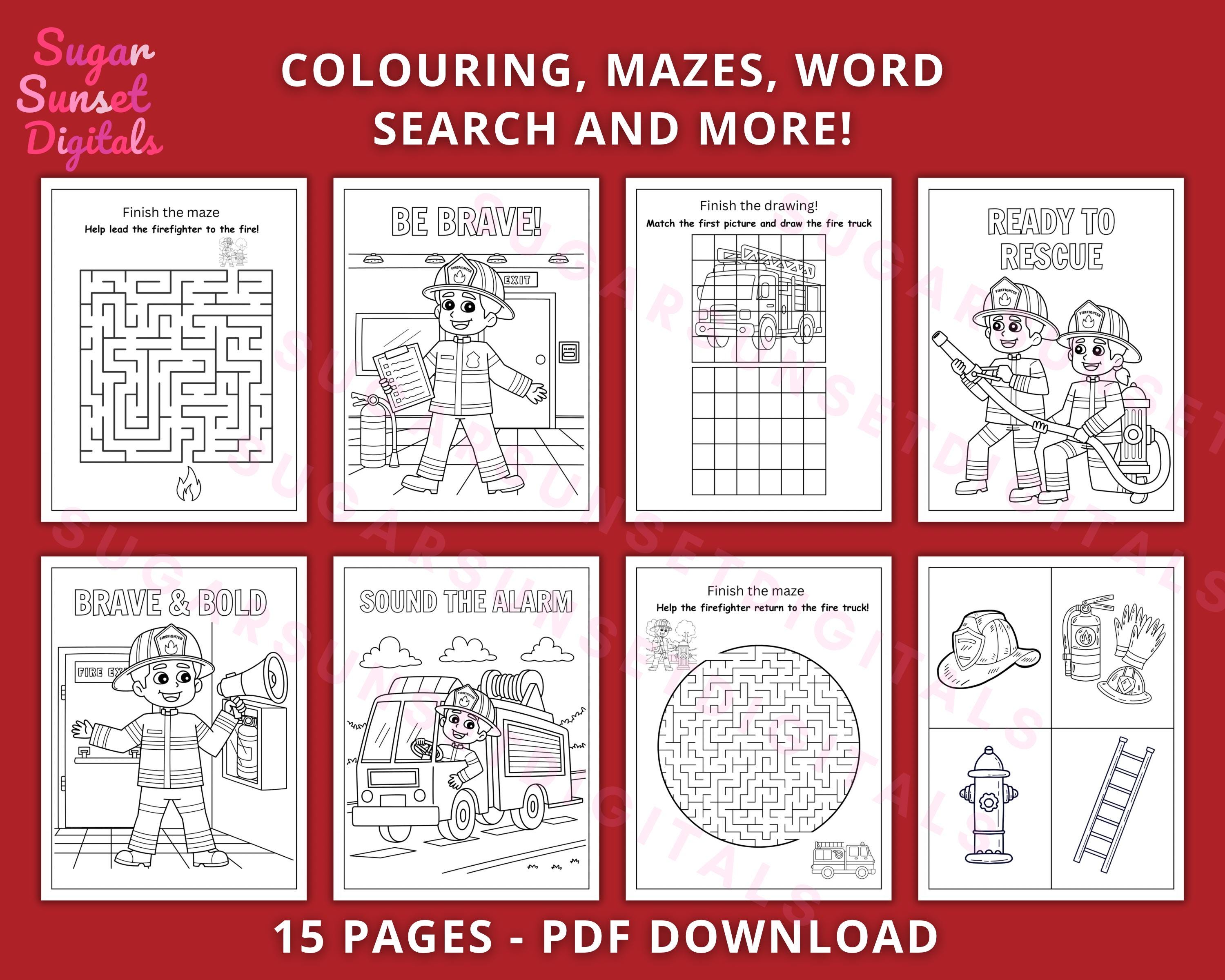 Firefighter Kids Activities: Printable Colouring Pages, Mazes (PDF ...