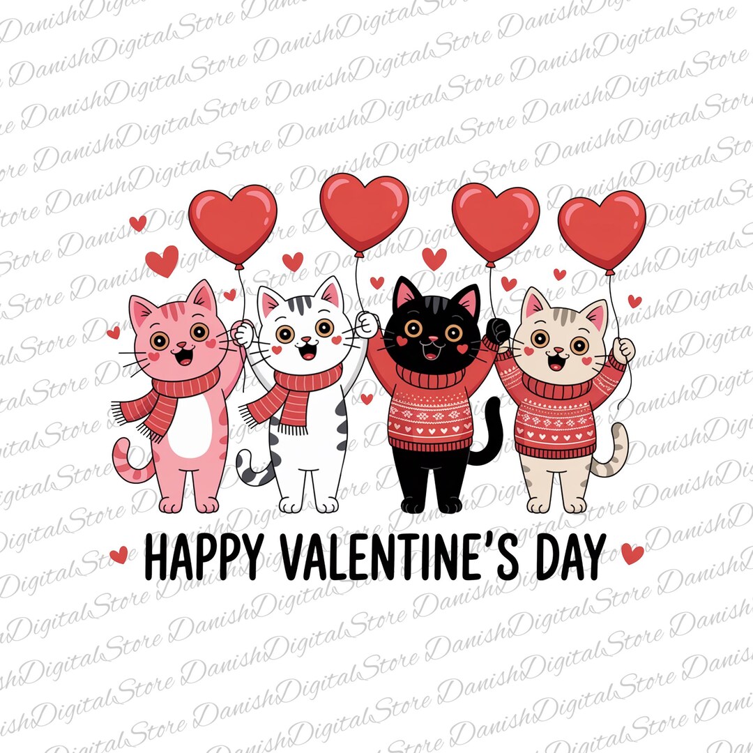 Happy Meowentines PNG Valentine Cat PNG Heart Love Cat Valentine Design ...