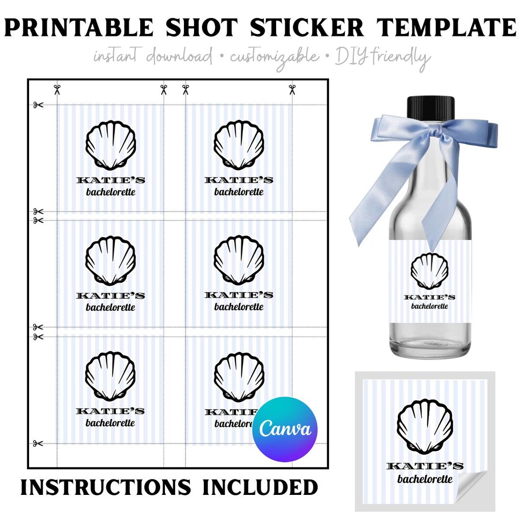 Nautical Seashell Shot Bottle Sticker Canva Template for Bachelorette ...