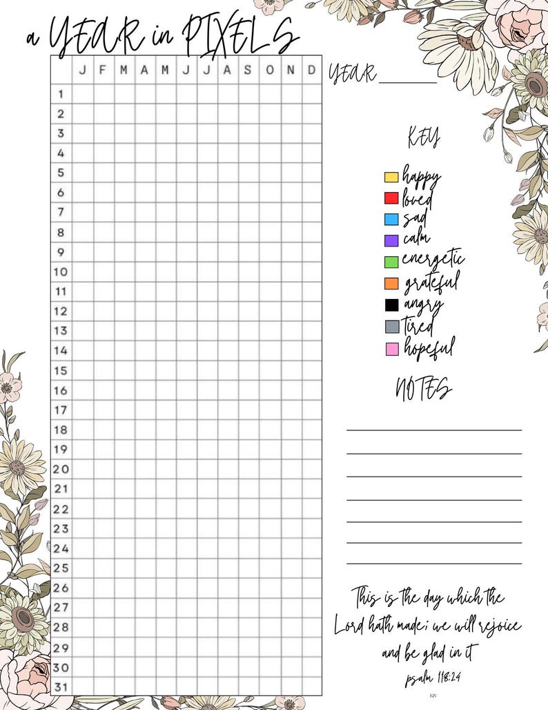 A Year in Pixels Mood Tracker Printable With Bible Verse | Christian ...