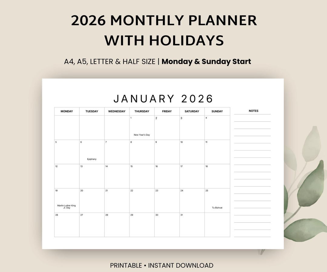 2026 Monthly Planner With Holidays, Monthly Organizer, Month at a ...