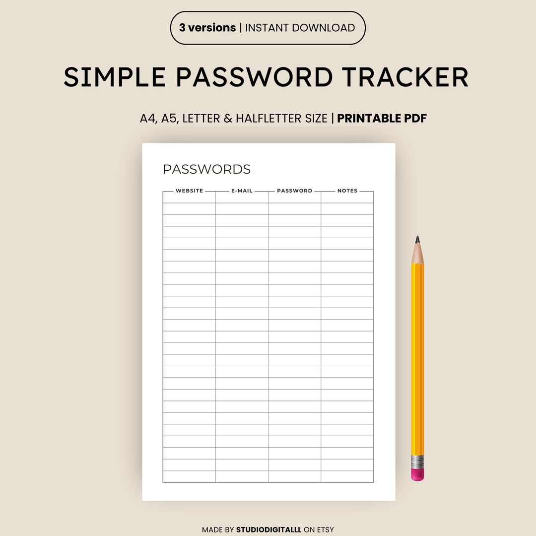 Simple Password Tracker Printable, Password Organizer, Password Keeper ...
