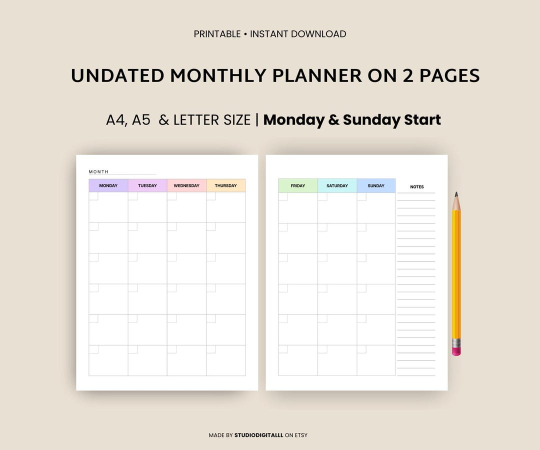 Undated Monthly Planner Printable, Month on Two Pages, Month at a ...