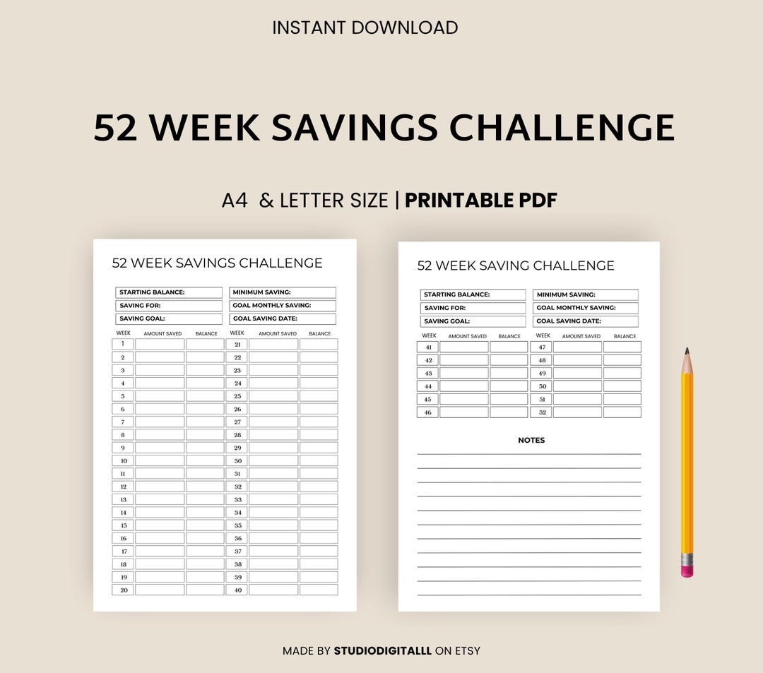 52 Week Savings Challenge Printable, Yearly Saving Plan, Savings ...