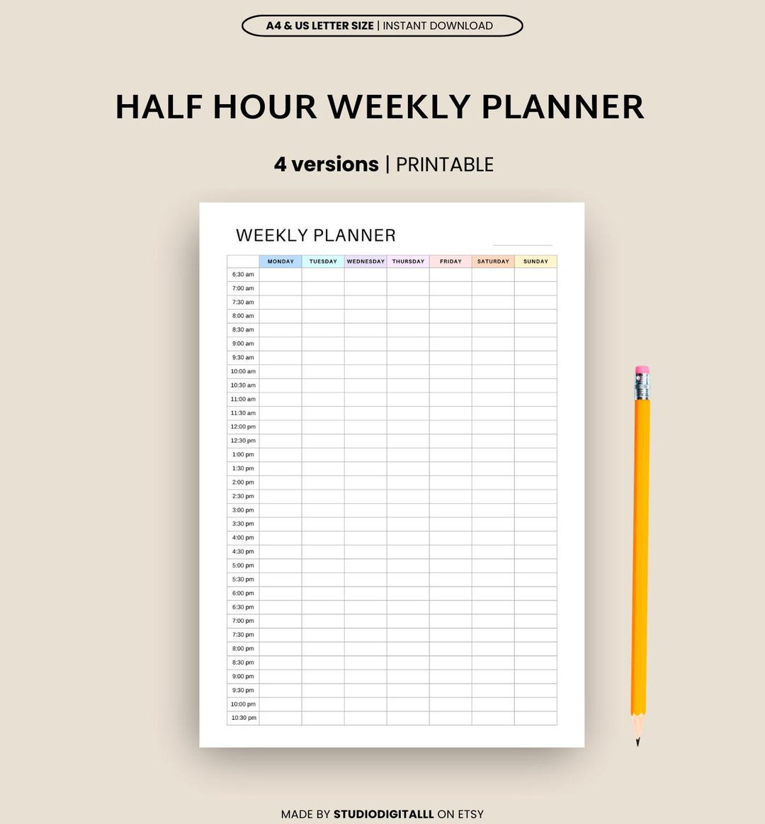 Half Hour Weekly Schedule, Half Hour Planner, Weekly Half Hourly Plan ...