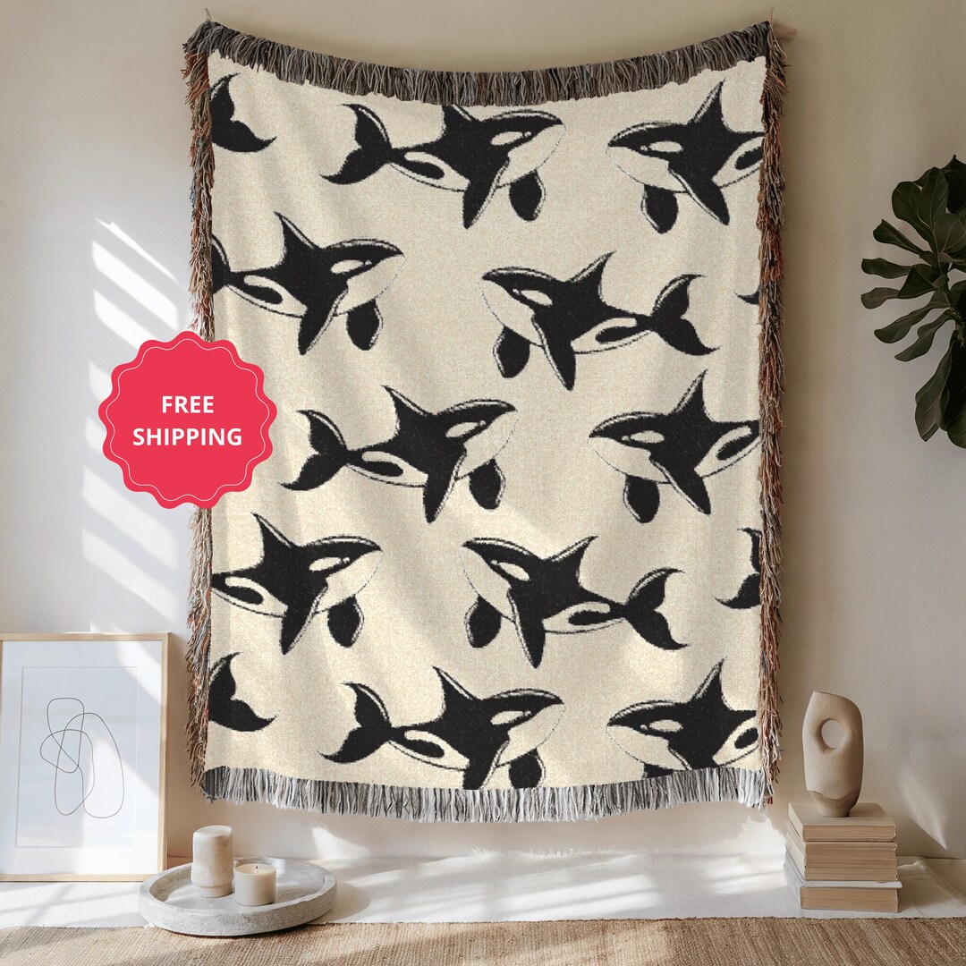 Orca Whale Woven Blanket - Coastal Tapestry, Beach House Decor - Etsy