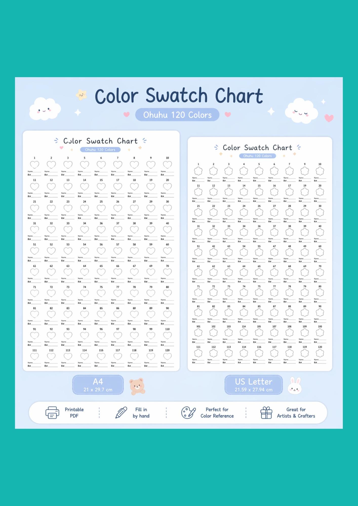 Flower Color Swatch Chart 120 Colors, Ohuhu Marker Chart, Printable A4 ...
