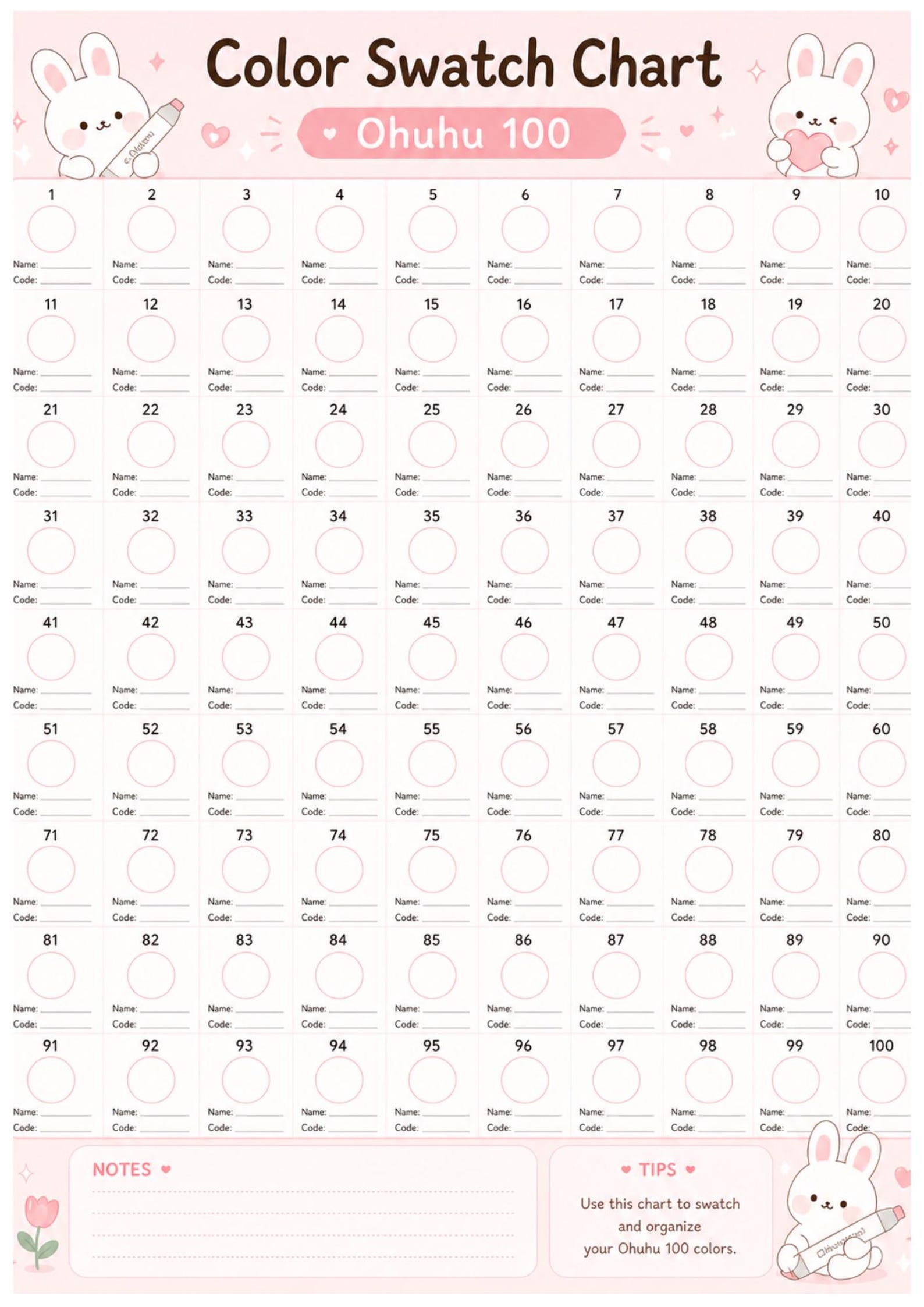 100 Color Swatch Chart A4 Printable, Marker Color Chart, Shading ...