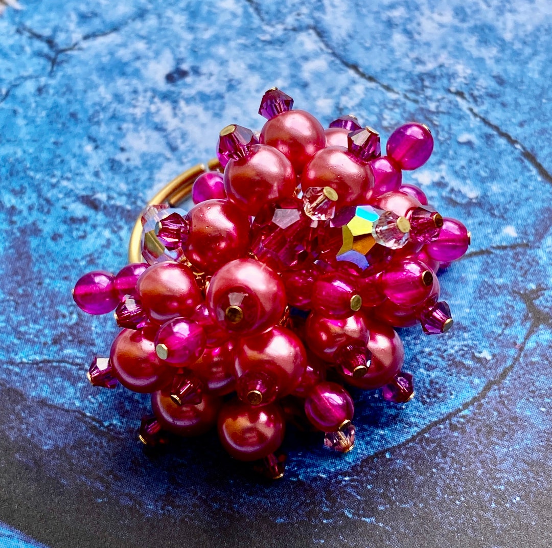 Pink Crystal Beaded Cocktail Ring With Gold Adjustable Band - Etsy