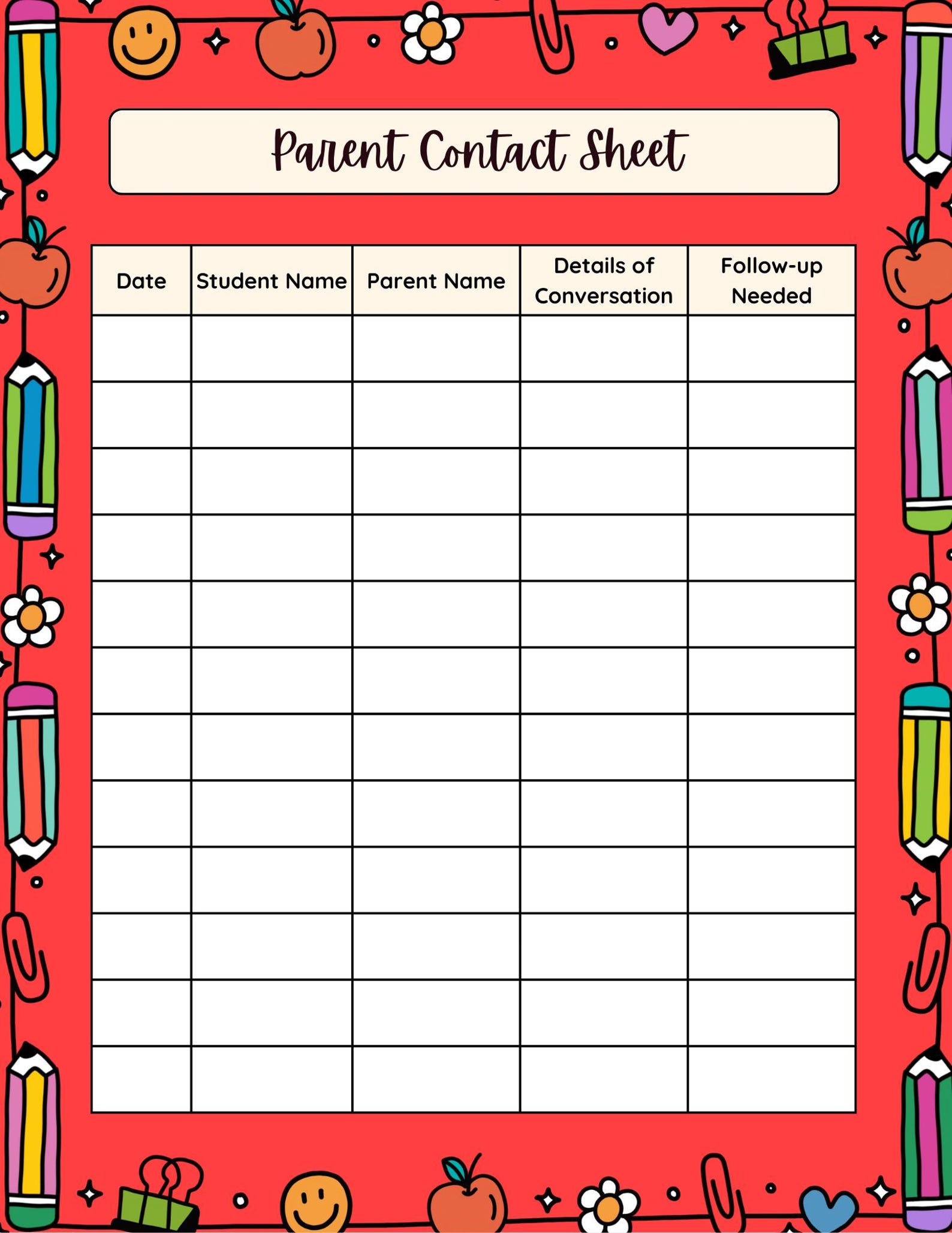 Parent Contact Sheet | Teacher Communication Sheet | Classroom ...