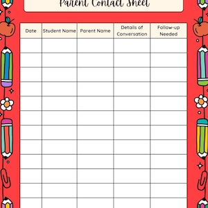 Parent Contact Sheet | Teacher Communication Sheet | Classroom ...