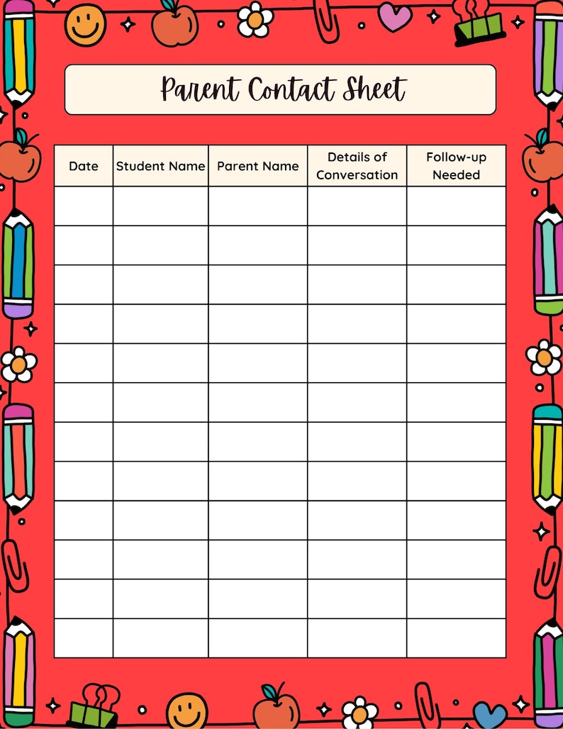 Parent Contact Sheet | Teacher Communication Sheet | Classroom ...