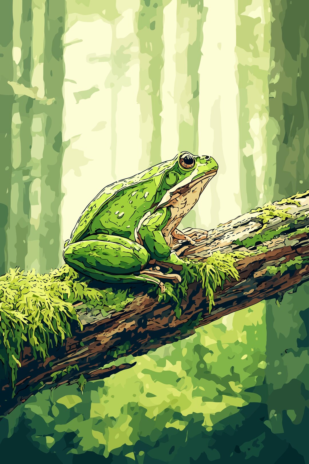 Frog on Mossy Tree Branch – Full Scene and Isolated Vector – Woodland ...