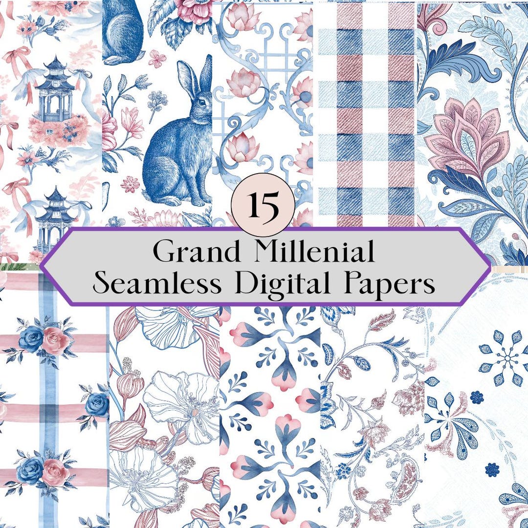 Watercolor Grandmillennial Digital Paper Pack | 15 Pink & Blue Seamless ...