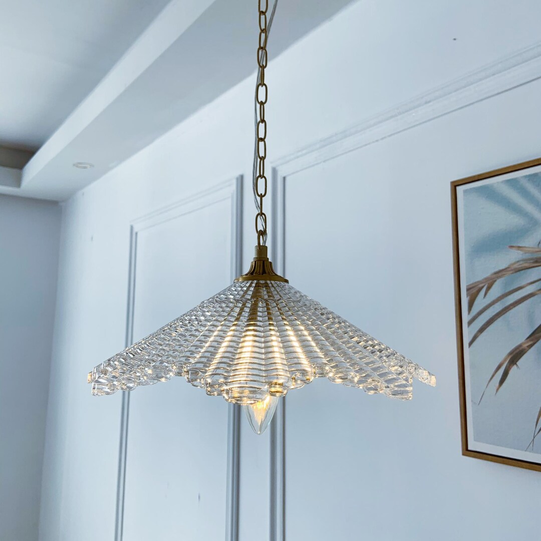 Art Deco Scalloped Glass Pendant Light: Antique Brass Chain - Etsy