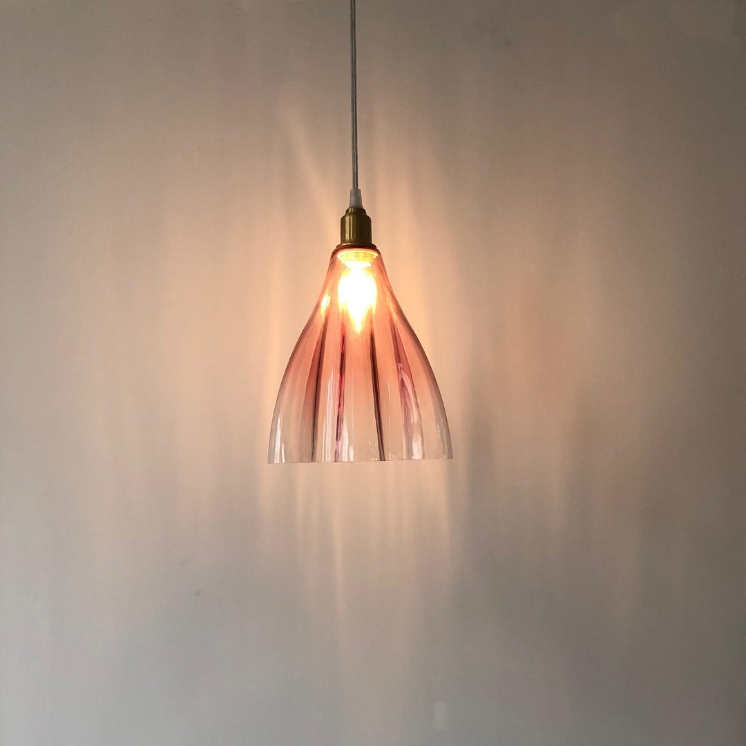 Handblown Pink Glass Pendant Light: Modern Fluted Hanging Lamp - Etsy