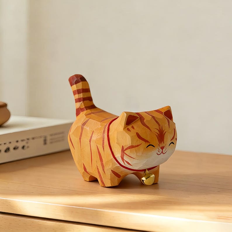 Hand Carved Wooden Cat Figurines Artisan Animal Sculptures, Natural ...