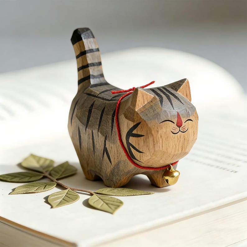 Hand Carved Wooden Cat Figurines Artisan Animal Sculptures, Natural ...