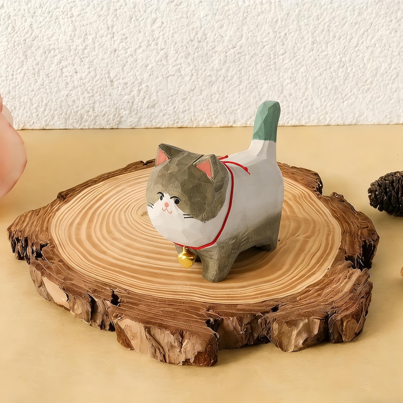 Hand Carved Wooden Cat Figurines Artisan Animal Sculptures, Natural ...
