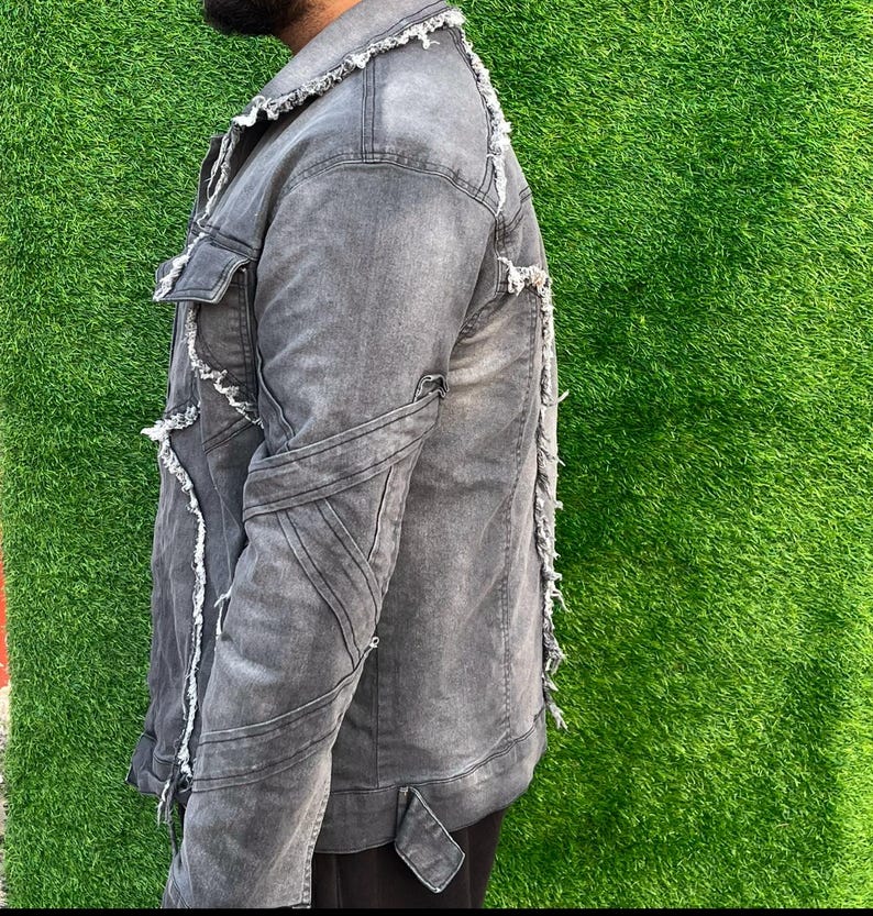 Distressed Grey Denim Jacket | Frayed Seam Streetwear Jacket | Vintage ...