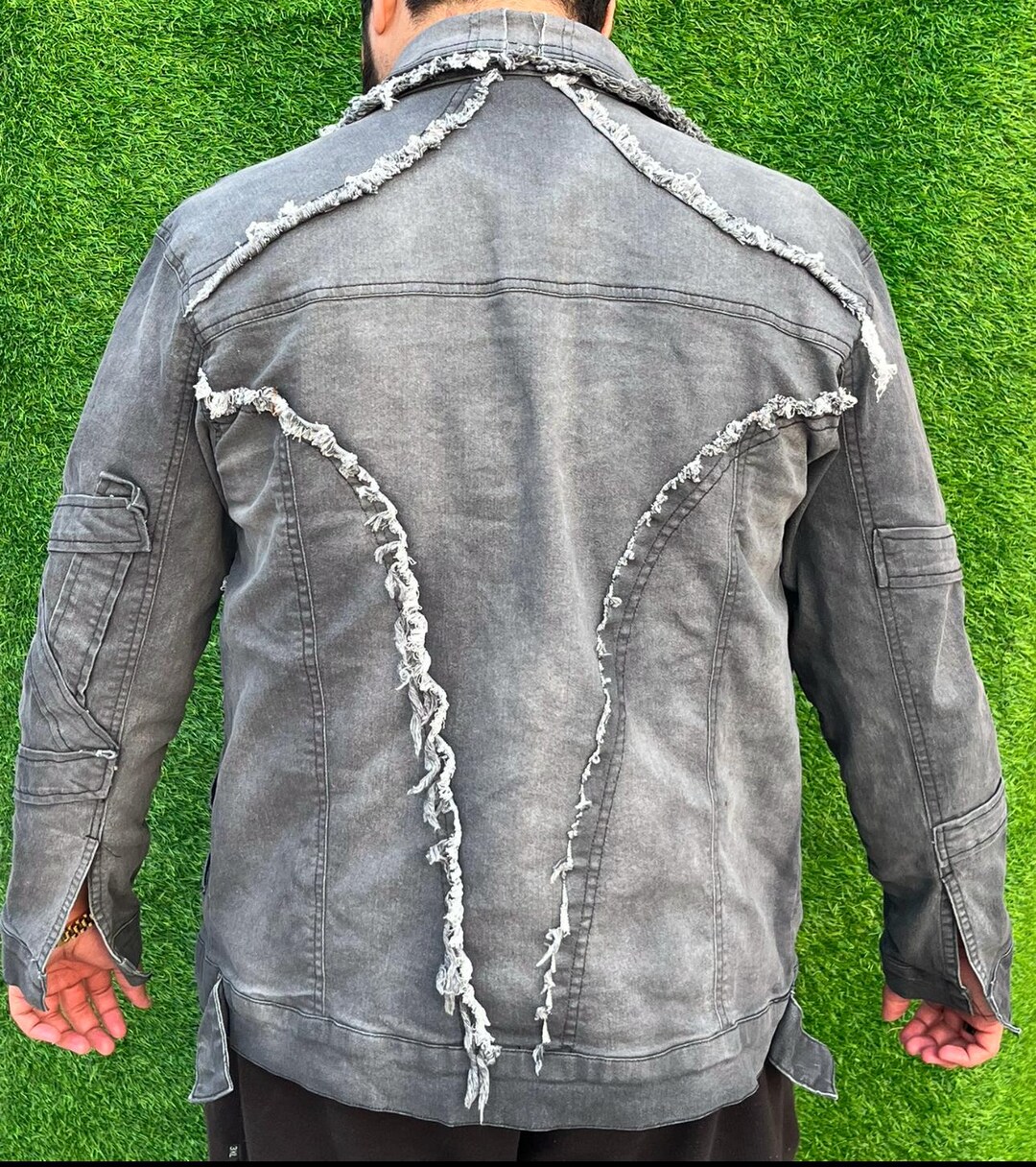 Distressed Grey Denim Jacket | Frayed Seam Streetwear Jacket | Vintage ...