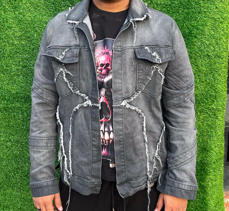 Distressed Grey Denim Jacket | Frayed Seam Streetwear Jacket | Vintage ...