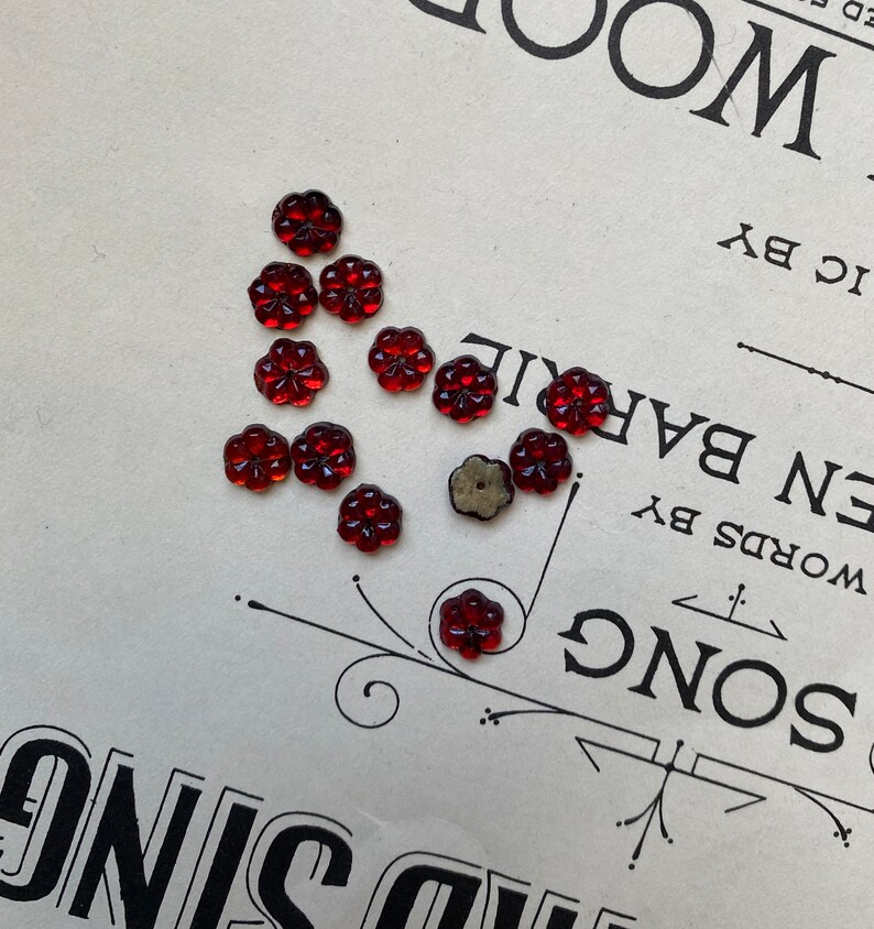 Charming Very Small ANTIQUE Glass Ruby Red Flower Buttons or Beads, Lot ...