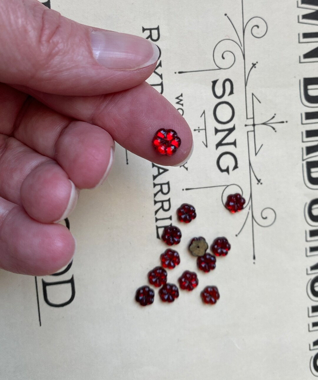 Charming Very Small ANTIQUE Glass Ruby Red Flower Buttons or Beads, Lot ...