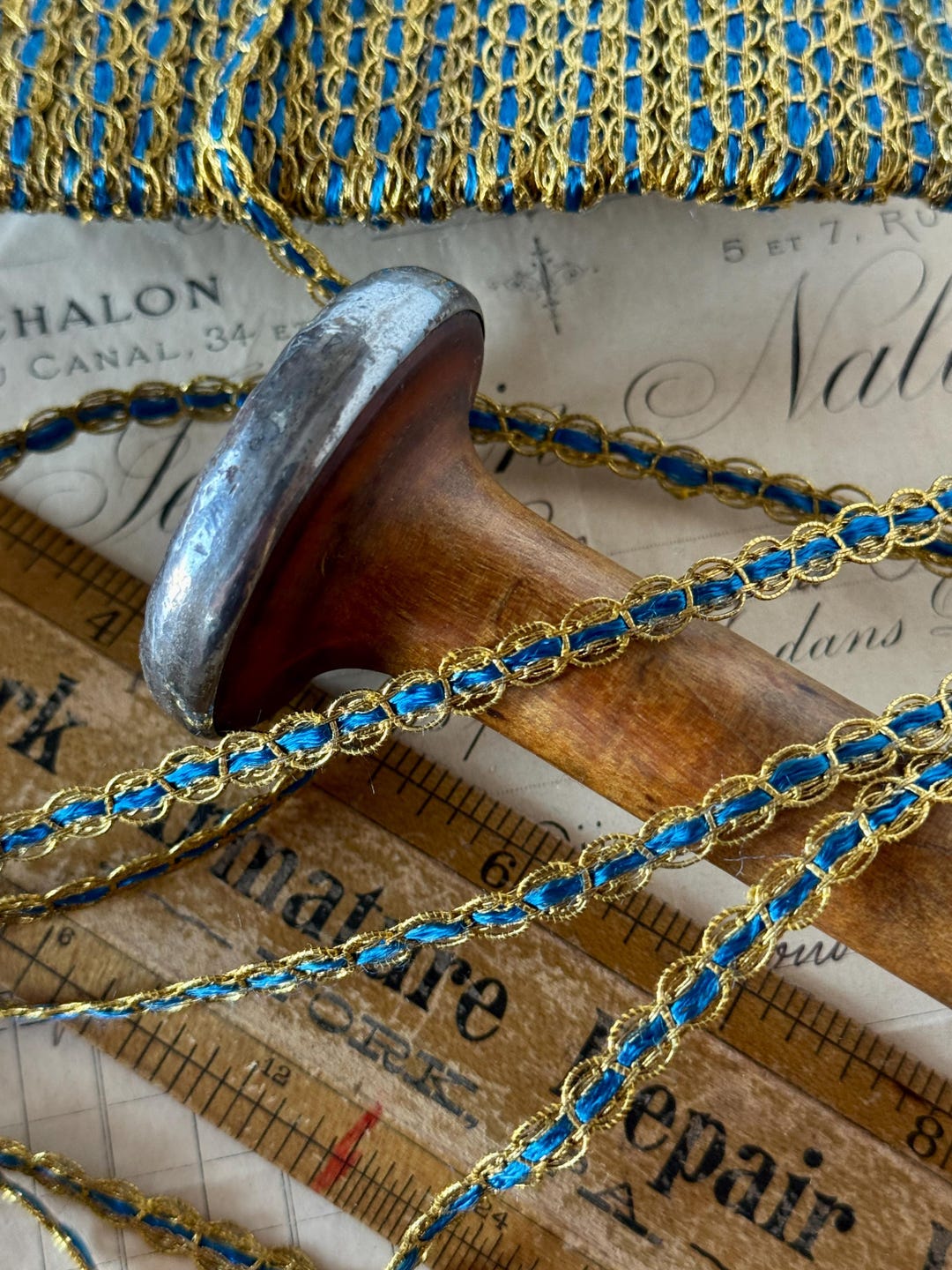Lovely Vintage Metallic Gold With Soft Blue Silk Floss French Trim, One ...