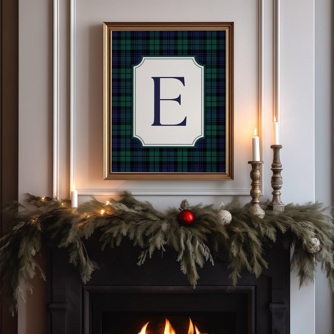 Tartan Christmas Print, Plaid Monogram Initial Print, Cozy Christmas ...