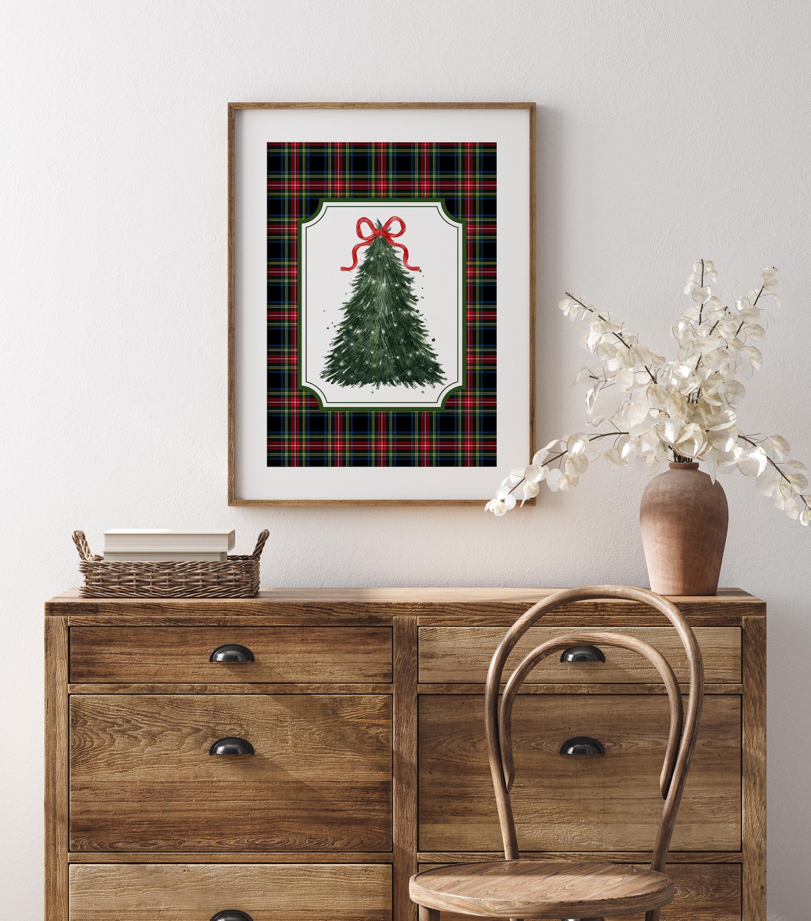 Preppy Plaid Christmas Print, Christmas Tree Print, Red Bow Christmas ...