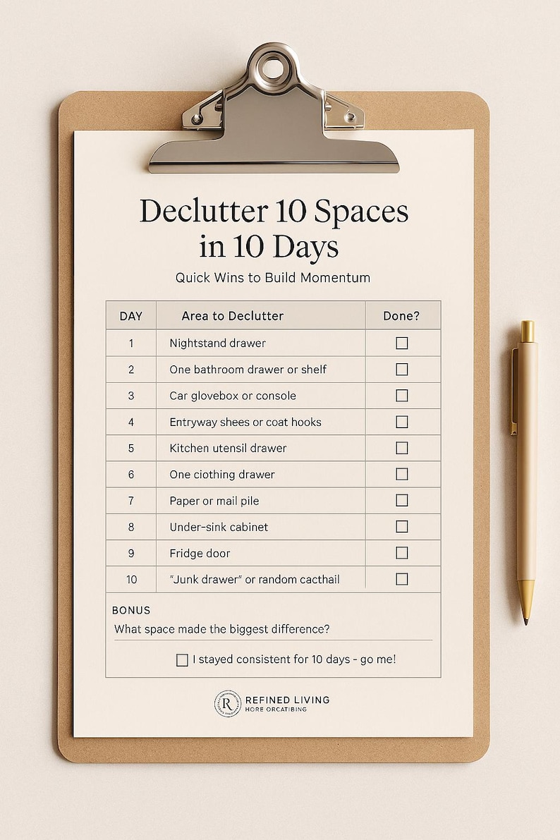 Declutter 10 Spaces in 10 Days Printable | Home Organization Checklist ...