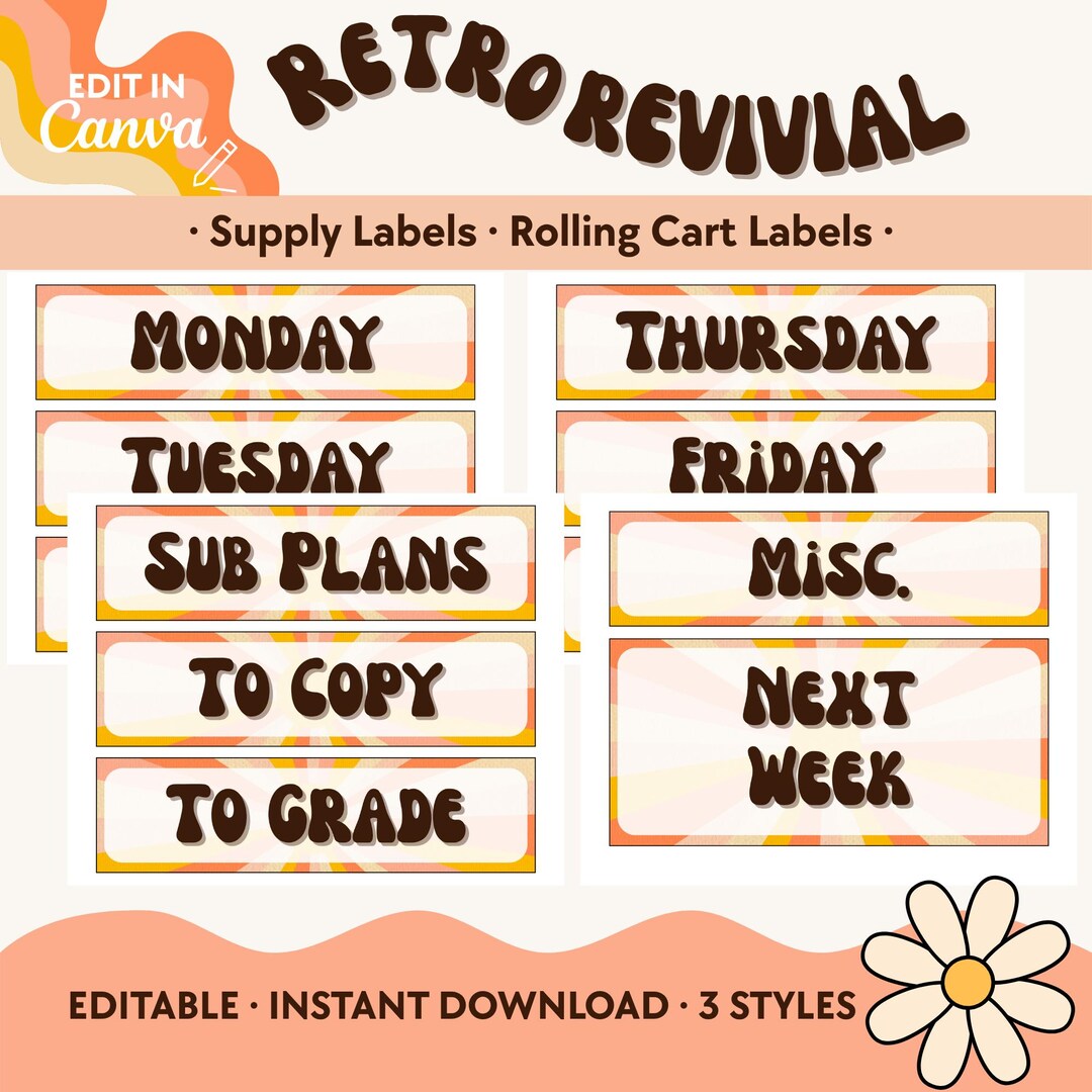 Editable Rolling Cart Storage Labels, Retro Theme Classroom ...