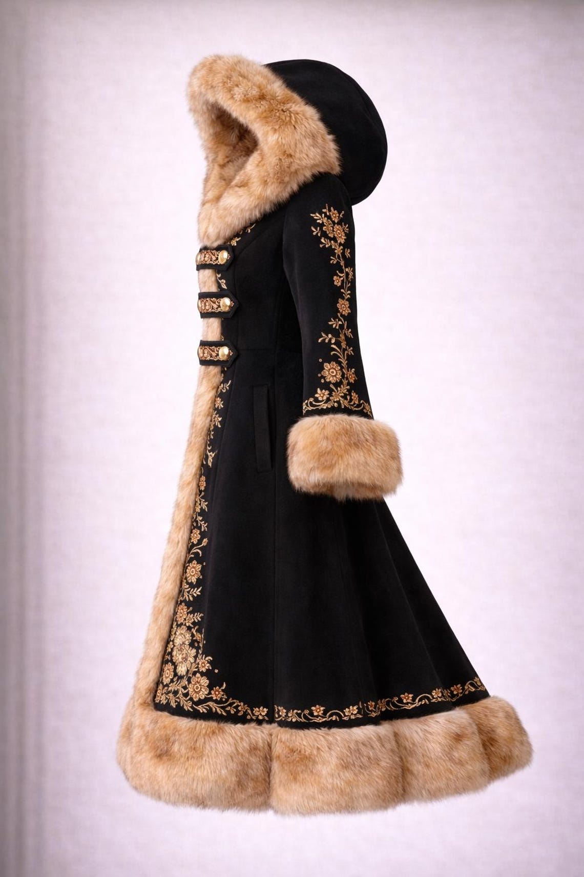 Custom Made Vintage Inspired Faux Fur Trim Coat | Embroidered Hooded ...