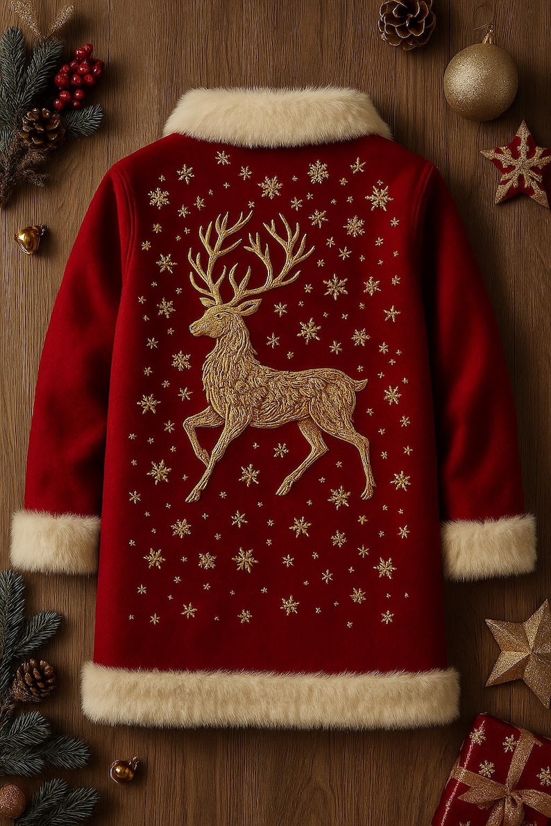 Men's Red Wool Christmas Coat: Golden Reindeer Embroidery, Fur Trim ...