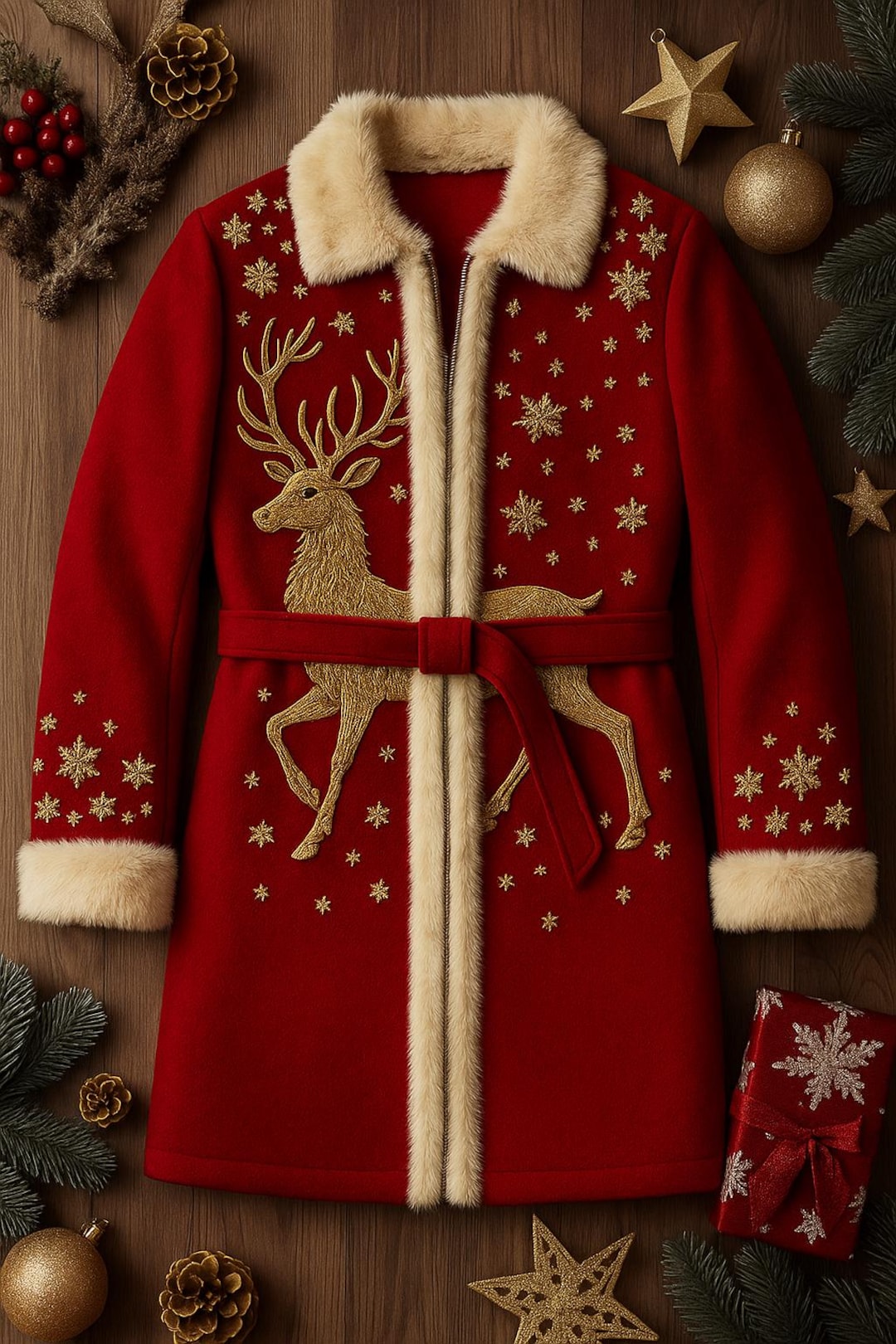 Men's Red Wool Christmas Coat: Golden Reindeer Embroidery, Fur Trim ...