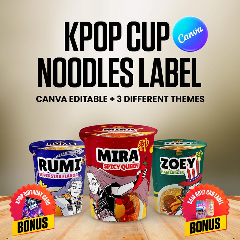 3 Kpop Demon Hunters Ramen Noodle Labels, Mira Rumi Zoey Cup Noodle ...