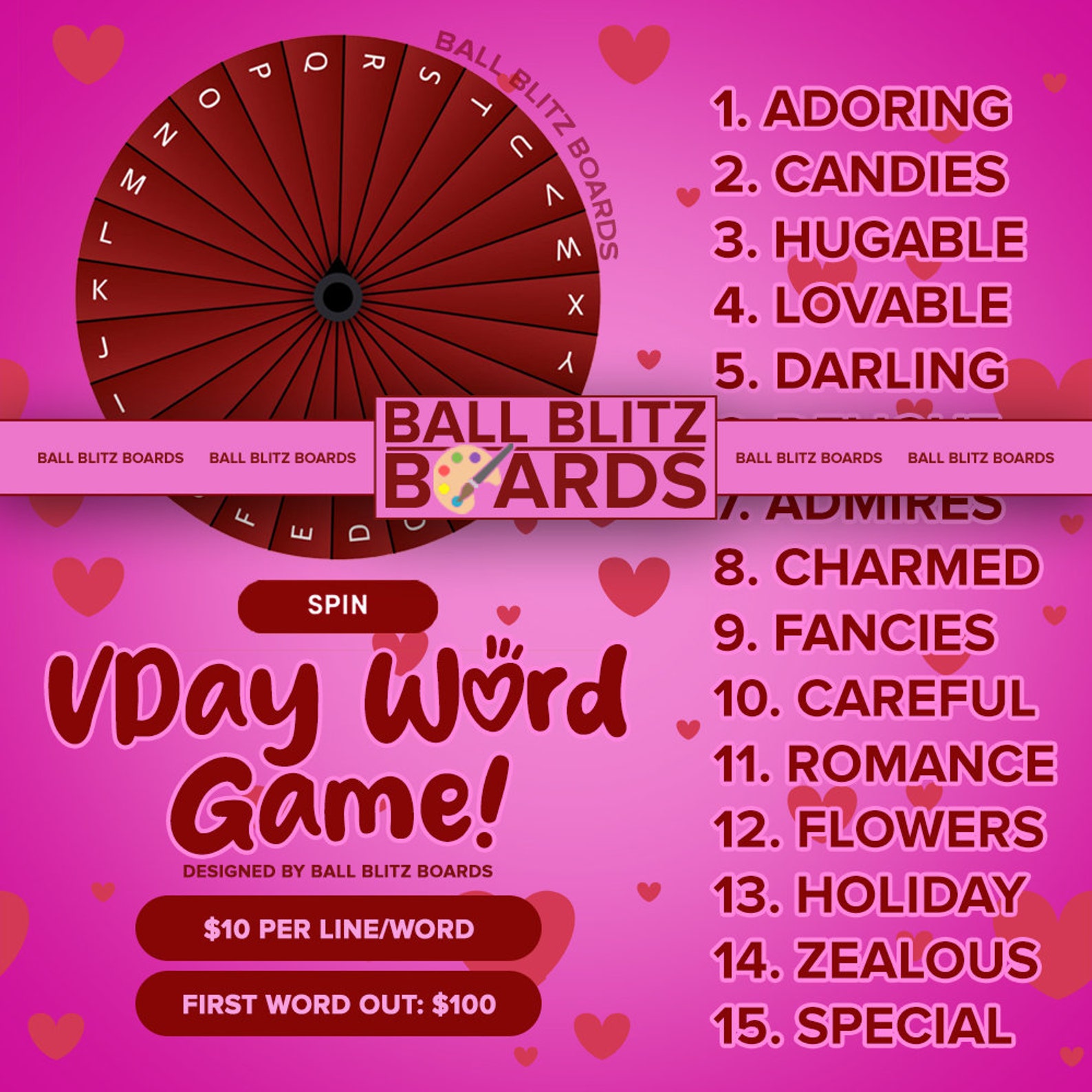 VDAY Word Wheel Game | Bingo Board Game | VDAY | 10 for 100 - Etsy