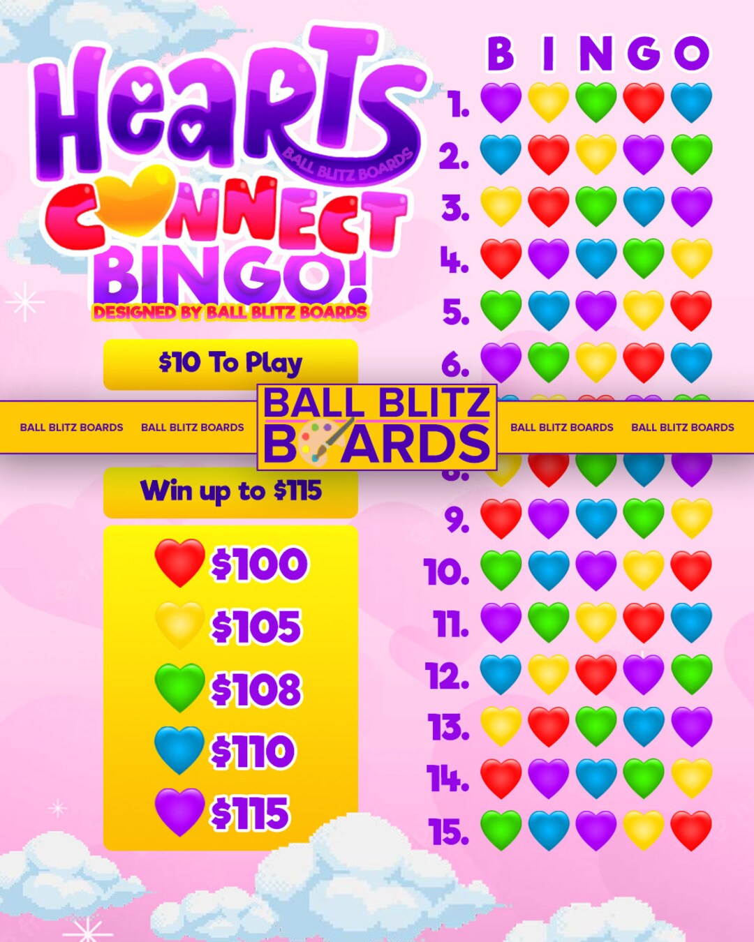 Hearts Connect 10 Bingo Board Game - Etsy