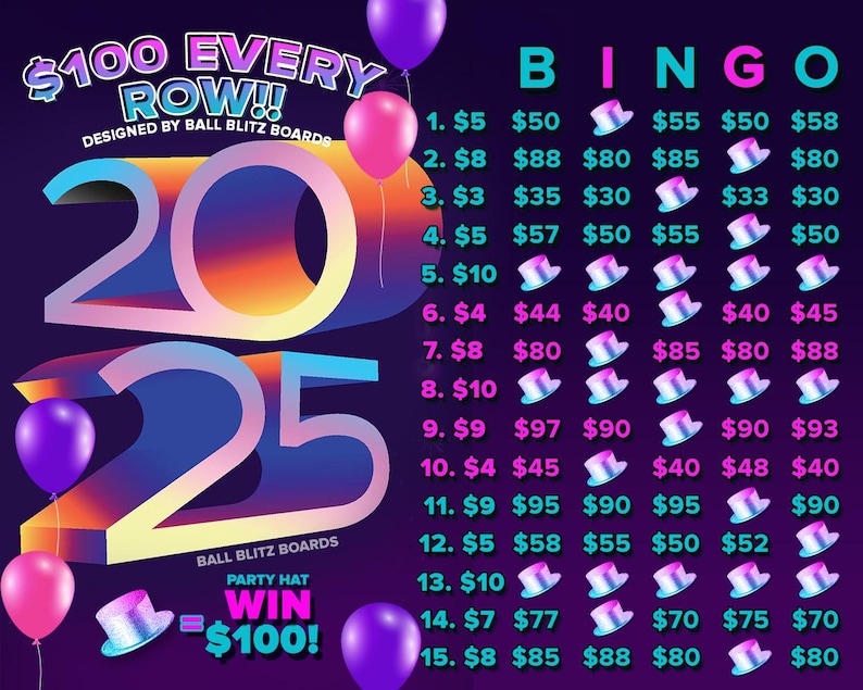 100 Every Row | Happy 2025 | Bingo Board Game | Pick Your Prize - Etsy