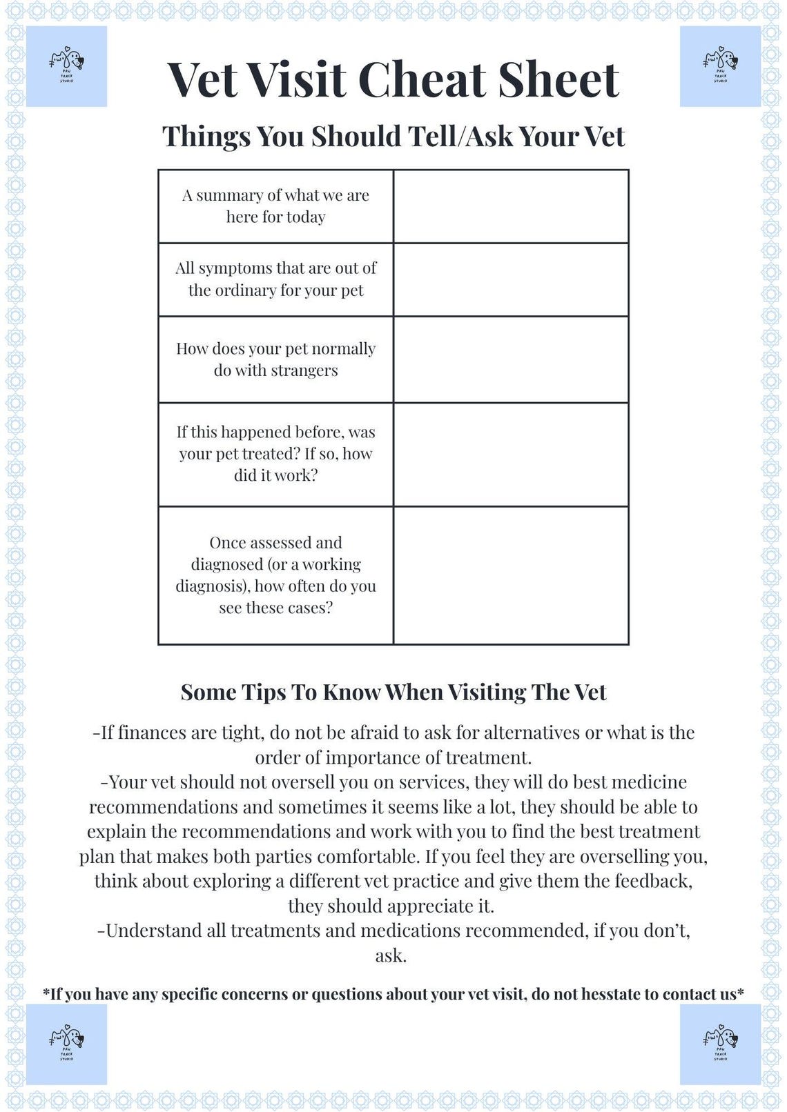 Vet Visit Cheat Sheet - Etsy