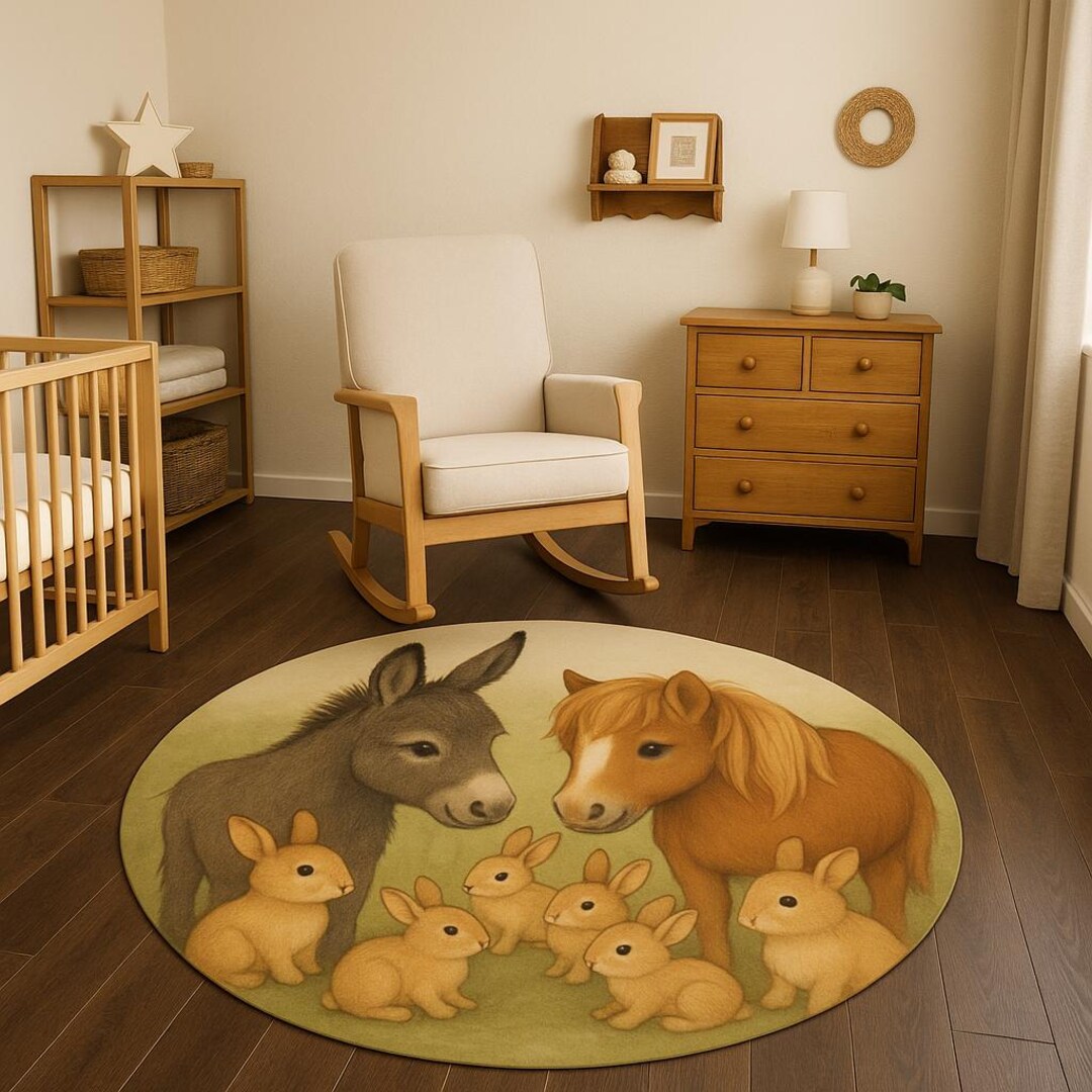 Round Rug Mini Donkey & Pony With Bunnies | Nursery, Playroom ...