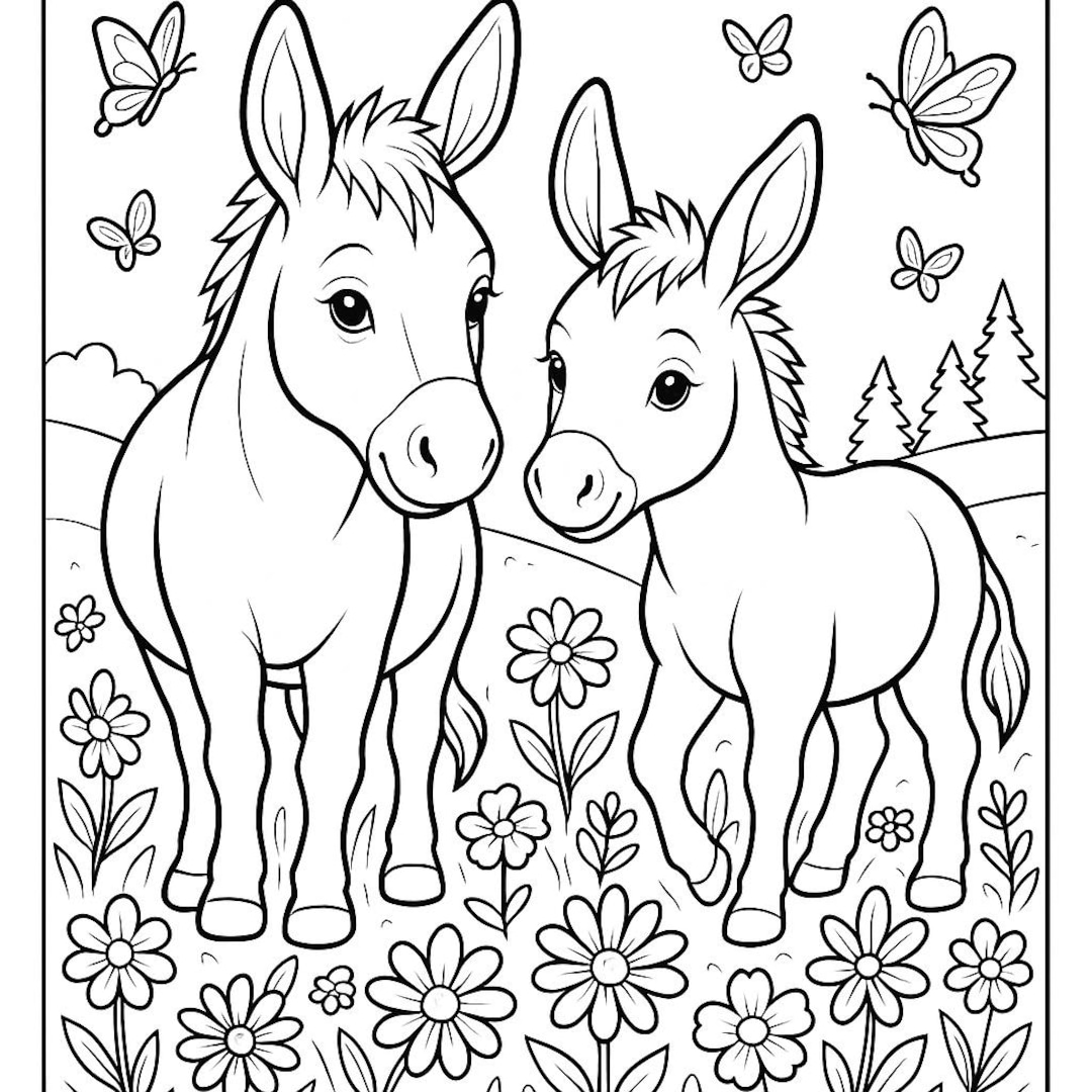 Donkeys Coloring Digital Download, Kids Coloring Pages, Cute Farm ...
