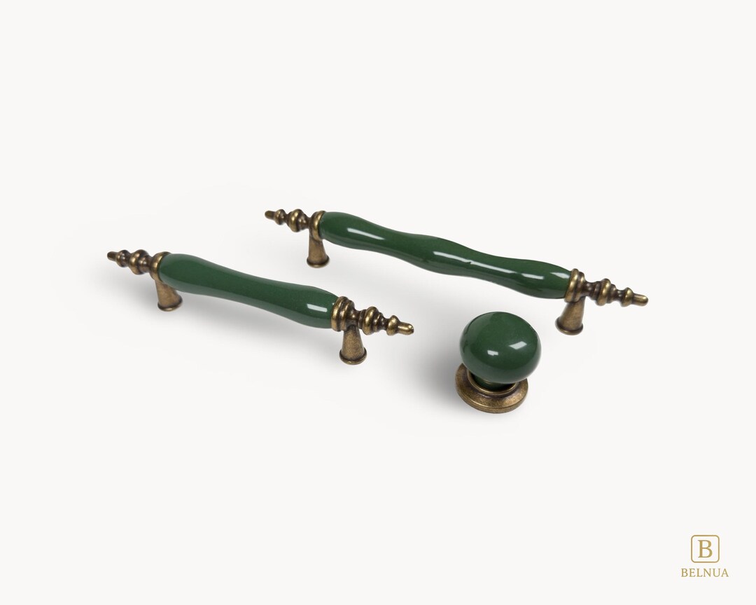 VELNOA Deep Green Handle & Knob – Antique Brass With Porcelain Insert ...