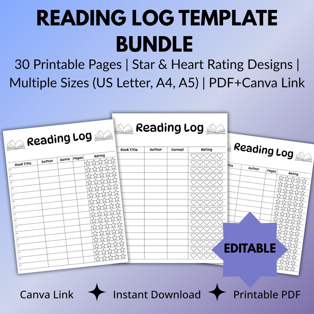 Reading Log Template Bundle: Star & Heart Ratings, Multiple Sizes (PDF ...