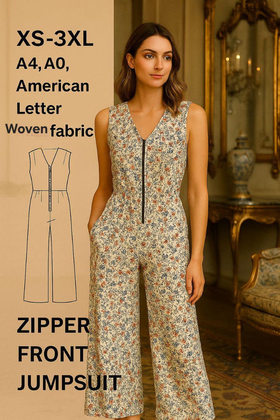 Sleeveless Jumpsuit Sewing Pattern – Front Zipper– XS to 3XL– PDF A4 A0 ...