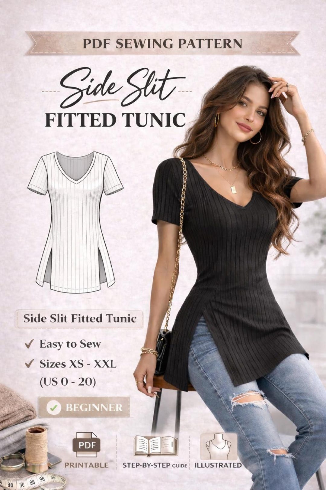 PDF Sewing Side Slit Top Pattern, Sewing Pattern for Knit Fabric, XS to ...