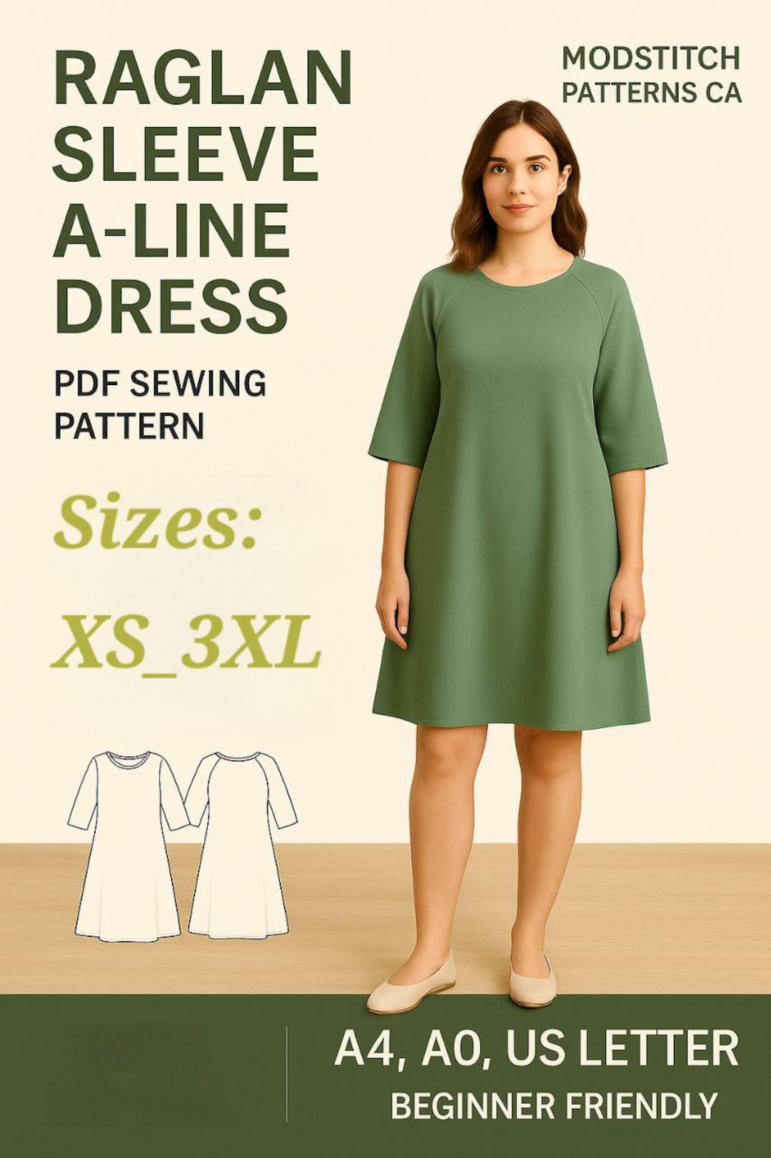 Raglan Sleeve A-line Dress PDF Sewing Pattern | Loose Fit Shift Dress ...